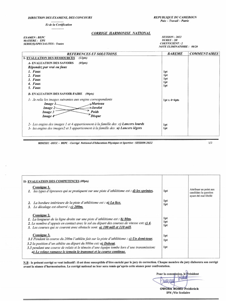 CORRIGÉ HARMONISÉ NATIONAL - BEPC SESSION 2022 EPS CAMEROUN | PDF CORRIGÉ HARMONISÉ NATIONAL - BEPC SESSION 2022 EPS CAMEROUN | PDF