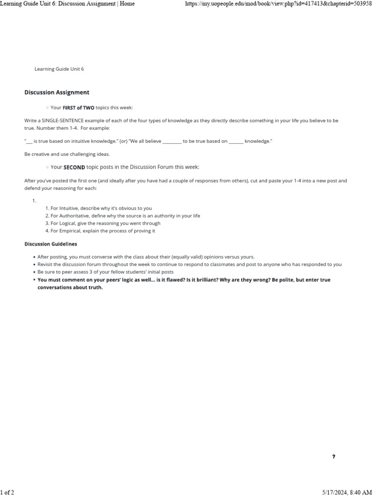 PHIL 1402 Learning Guide Unit 6 Discussion Assignment Home | PDF