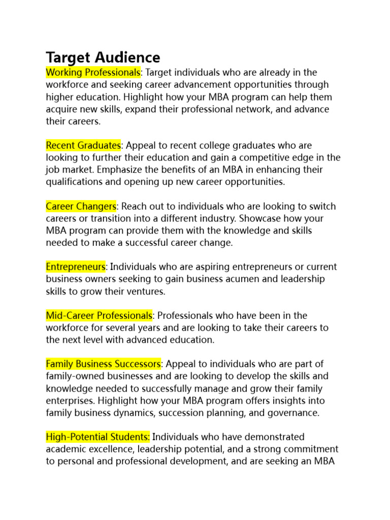 Target Audience for MBA Program Marketing | PDF | Entrepreneurship ...