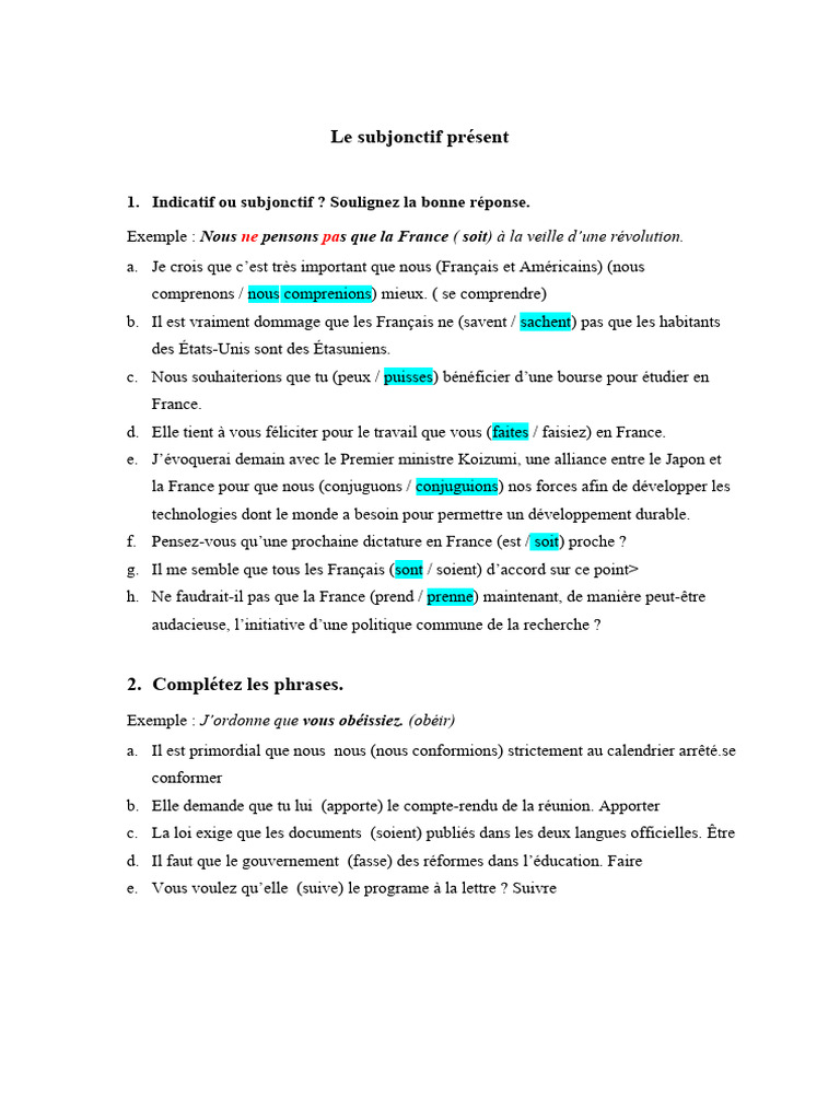 Exercices sur le subjonctif présent | PDF | Repas | Nourritures