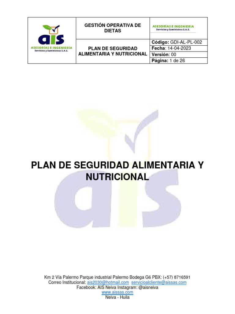 GDI-AL-PL-002 PLAN DE SEGURIDAD ALIMENTARIA Y NUTRICIONAL | Descargar gratis PDF | Alimentos ...