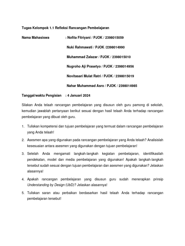 Unggah Tugas Ruang Kolaborasi TK1.1. Refleksi Rancangan Pembelajaran PDF | PDF | Karier ...