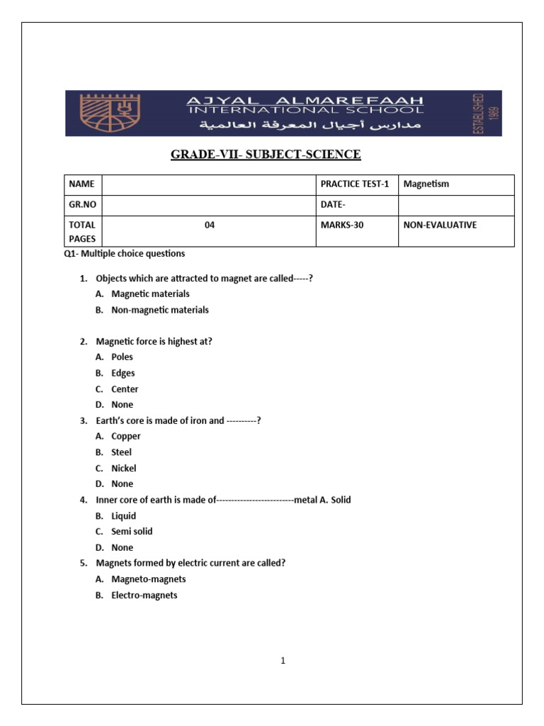 Grade 7 Science Magnetism Test | PDF | Magnet | Magnetism