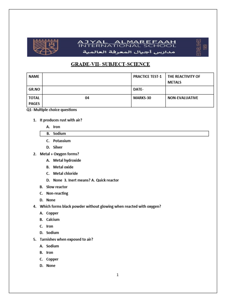 Practice Test Reactivity of Metals Grade | PDF | Sodium | Chemical ...