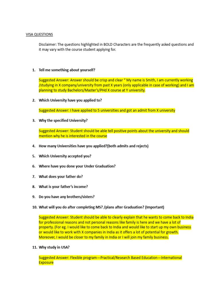 US Student Visa Questionnarie | PDF