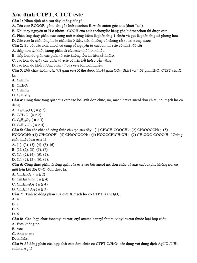 Xác định CTPT, CTCT este | PDF
