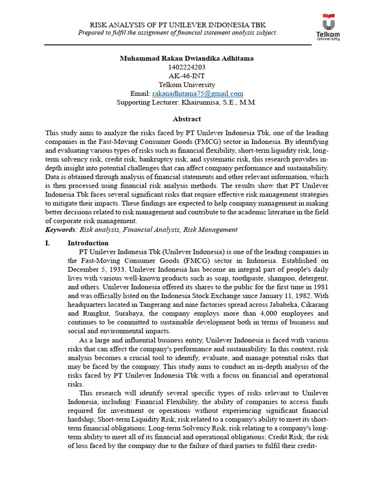 Risk Analysis of PT Unilever Indonesia TBK | PDF | Leverage (Finance ...