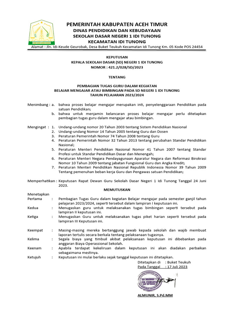 SK Pembagian Tugas Guru 2023-2024 - GANJIL | PDF | Karier & Perkembangan