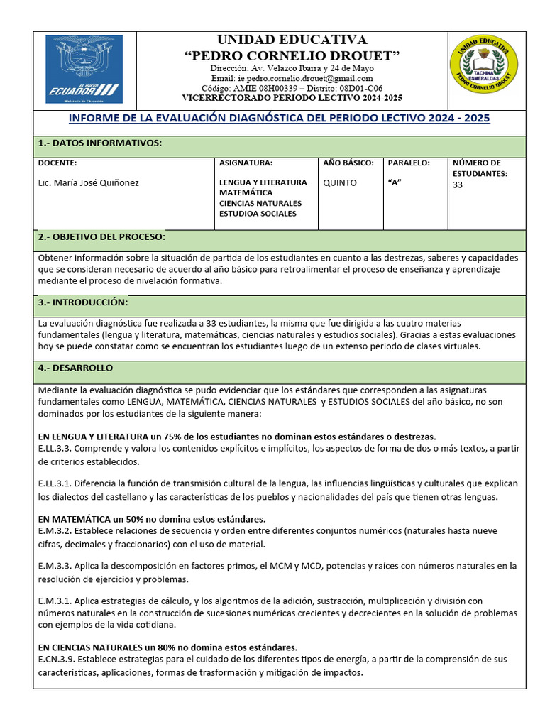 Formato de Informe de La Evaluacion Diagnostica 2024-2025 | PDF | Evaluación