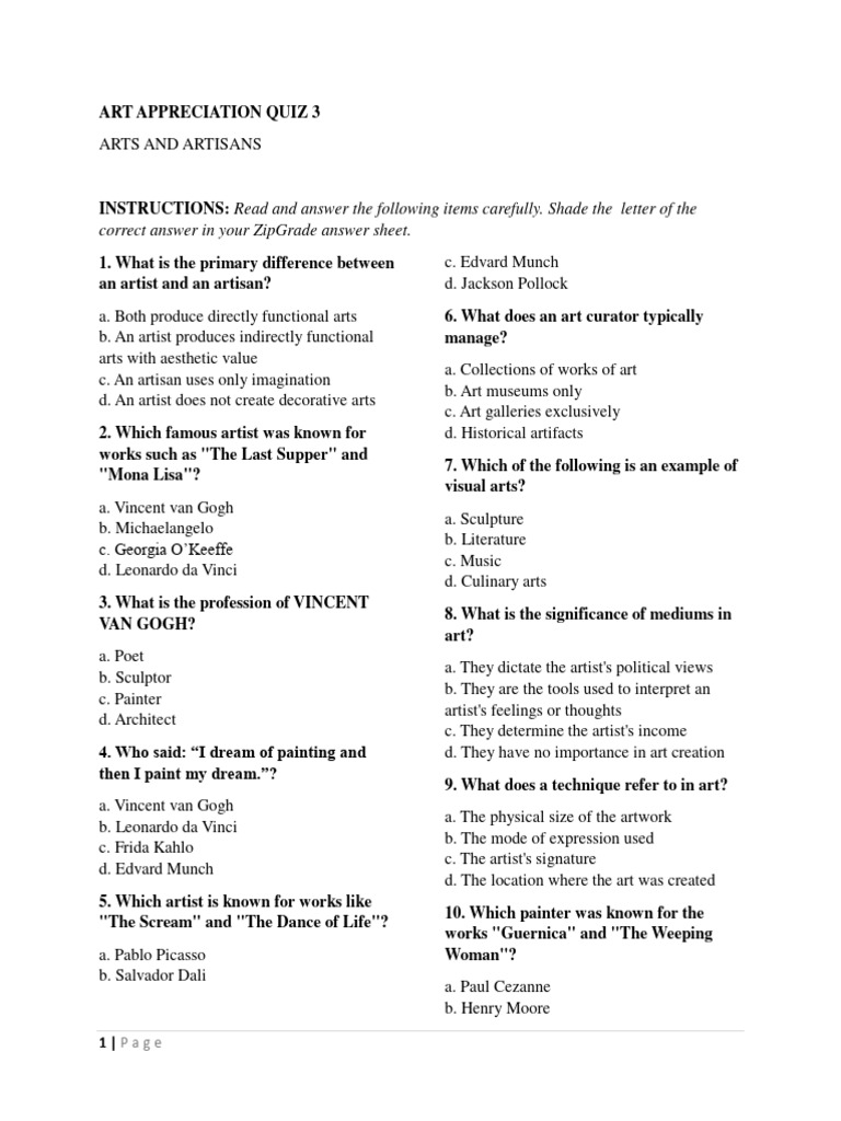 Art Appreciation Quiz Insights | PDF | Paintings | Plastic Arts