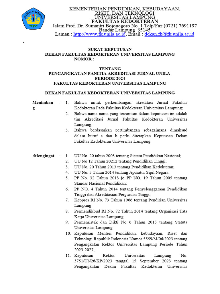SK Tim Akreditasi Jurnal FK Unila | PDF