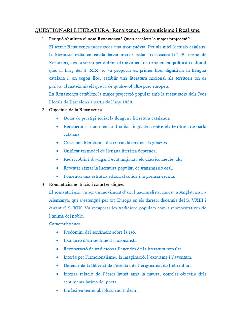Questionari Literatura Batxx Solucionari 3 | PDF