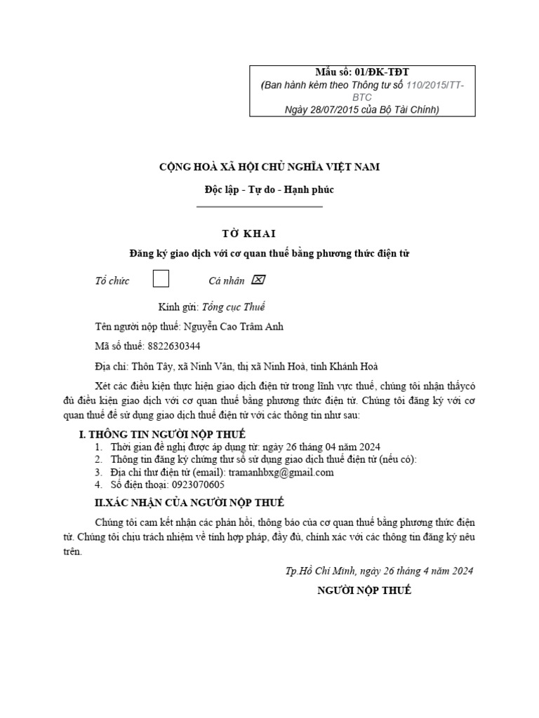 Mau Dang Ky Giao Dich Voi Co Quan Thue Bang Phuong Thuc Dien Tu | PDF