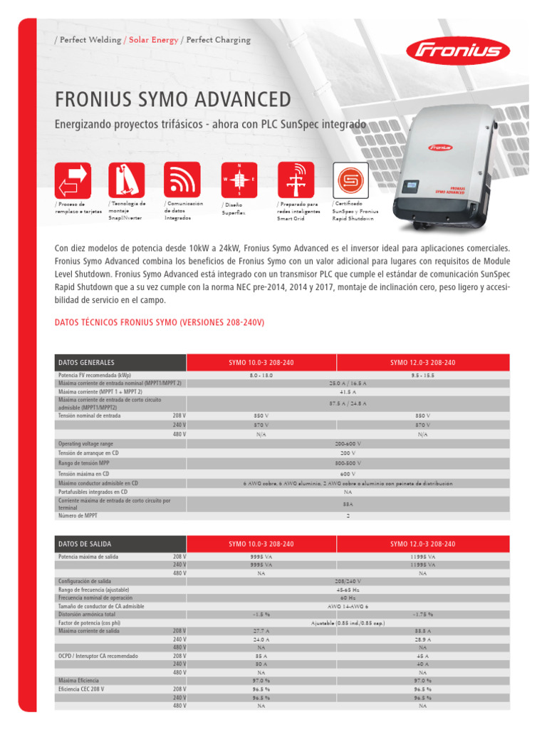 Datos Técnicos Fronius Symo 208-240V | PDF | Ingeniería Electrónica ...