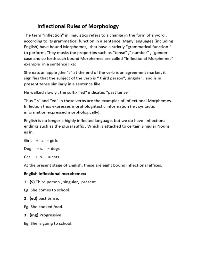 Inflectional Rules of Morphology: English Inflectional Morphemes: 1: (S) Third Person, Singular ...