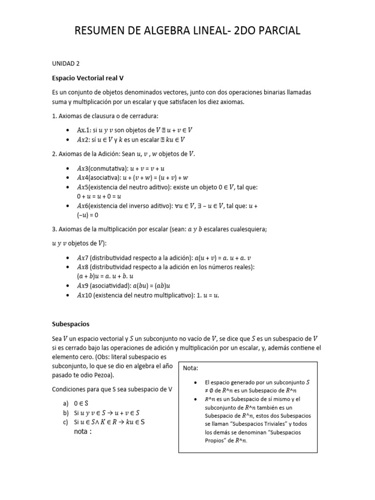 Resumen de Algebra Lineal para Segundo Parcial | PDF | Espacio vectorial | Base (álgebra lineal)