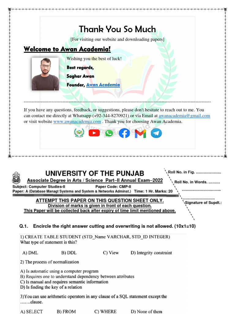Punjab University Computer Studies Past Papers | PDF | Databases ...