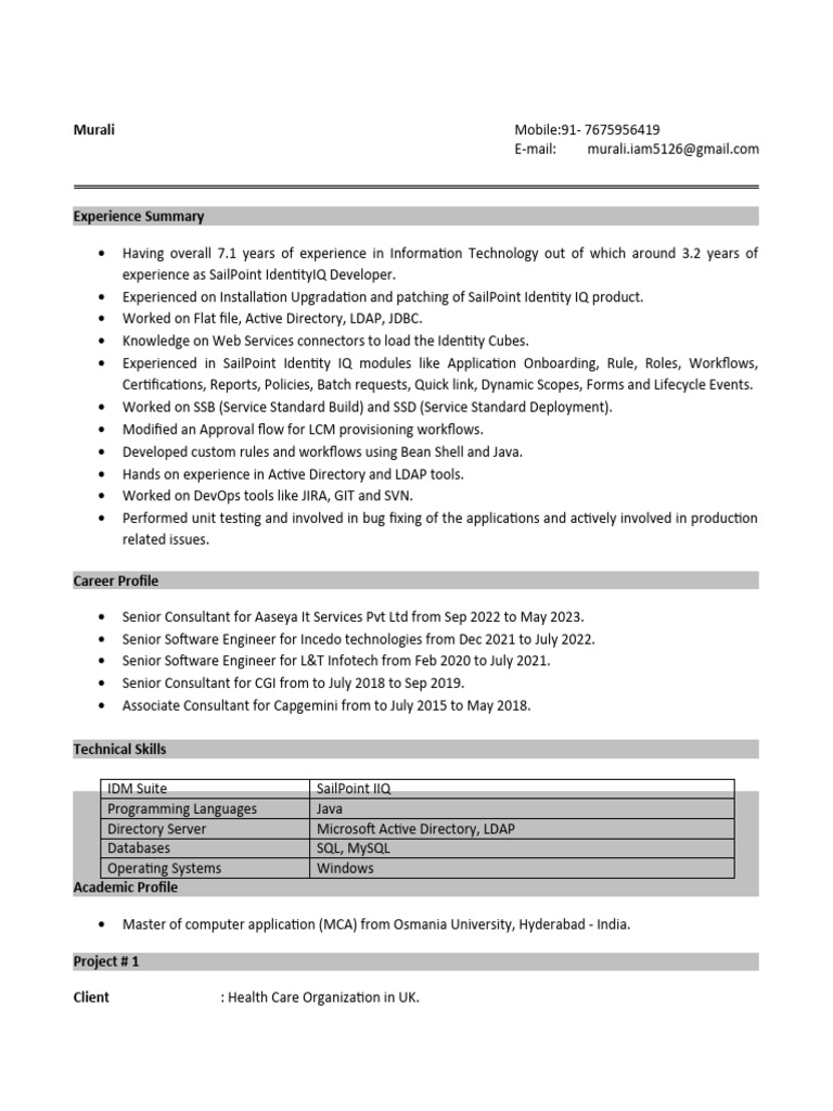 Murali Resume Sailpoint 3yrs | Download Free PDF | Active Directory ...