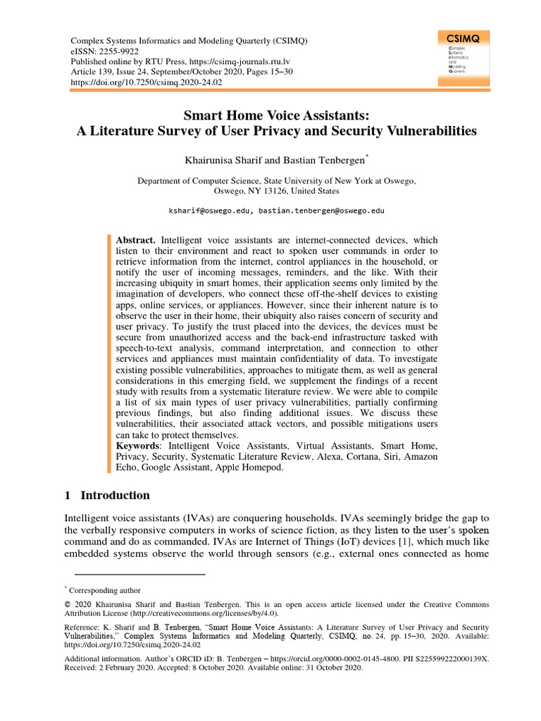 Smart Home Voice Assistants A Literature Survey of User Privacy and Security Vulnerabilities ...