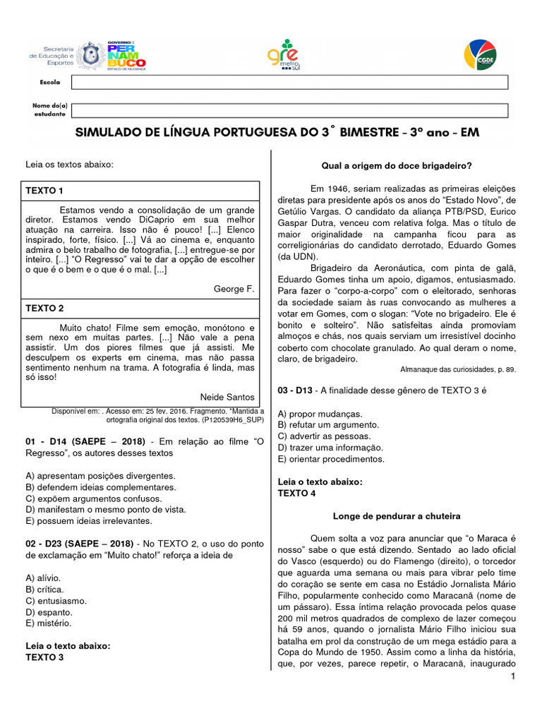 Simulado de Lp - 3º Ano - III Bimestre | Download grátis PDF | Zona do euro