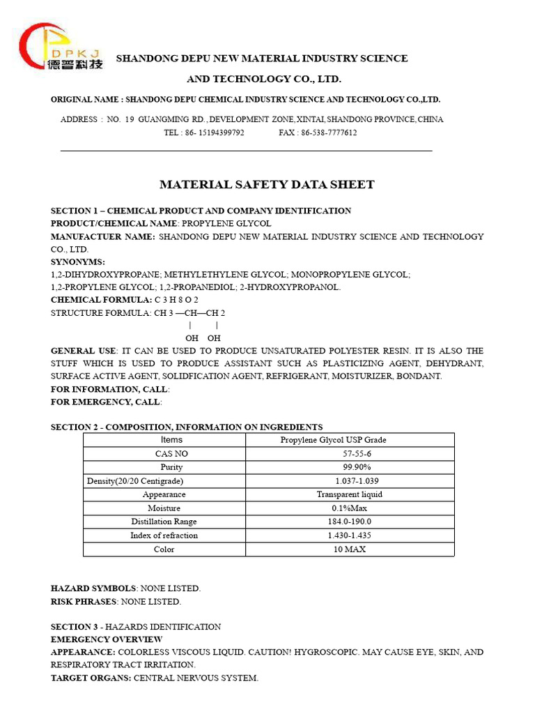 Msds of Propylene Glycol | PDF | Dangerous Goods | Personal Protective Equipment