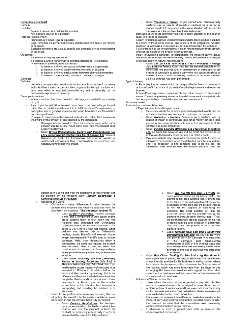 Remedies (Contract) | PDF | Legal Remedy | Damages
