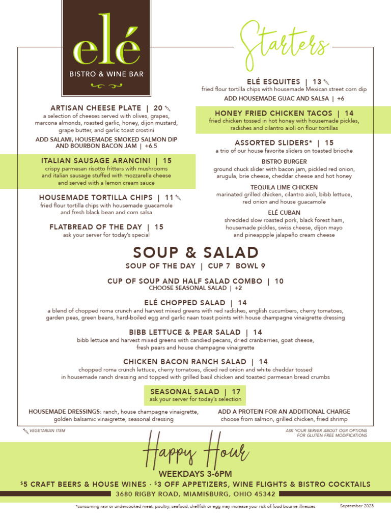 Bistro Menu Lunch-Dinner Sept23 Final | PDF | Salad | Martini (Cocktail)