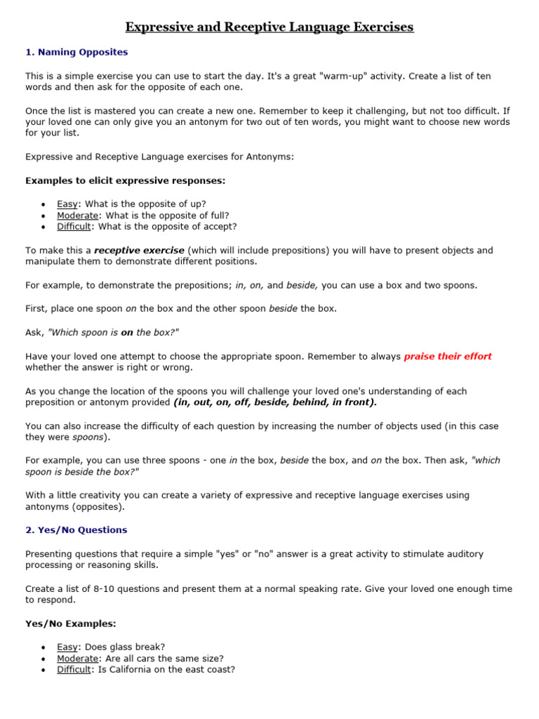 Expressive and Receptive Language Exercises | PDF | Mental Processes ...