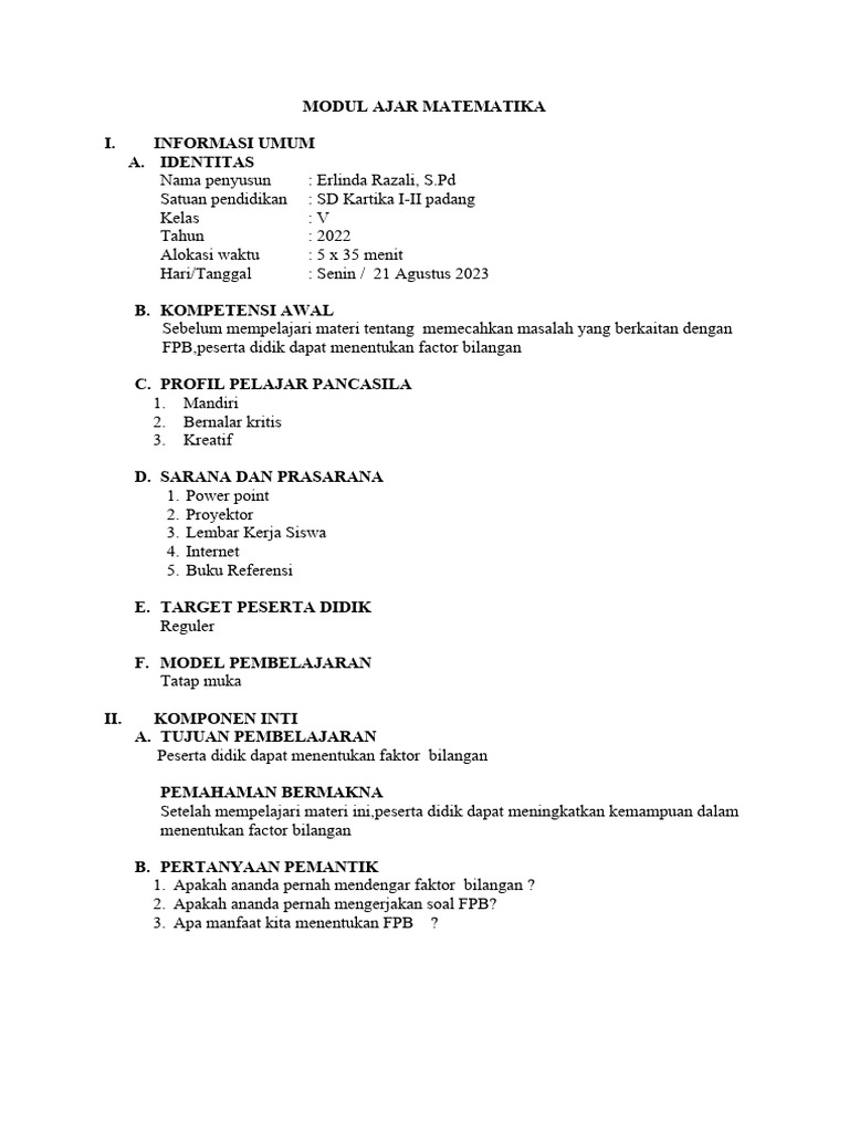 MODUL AJAR MTK Faktor Bilangan | PDF