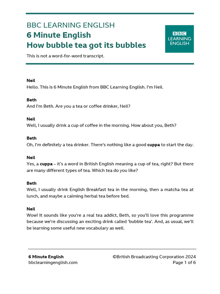6 Minute English How Bubble Tea Got Its Bubbles | PDF | Tea | Hot Drinks