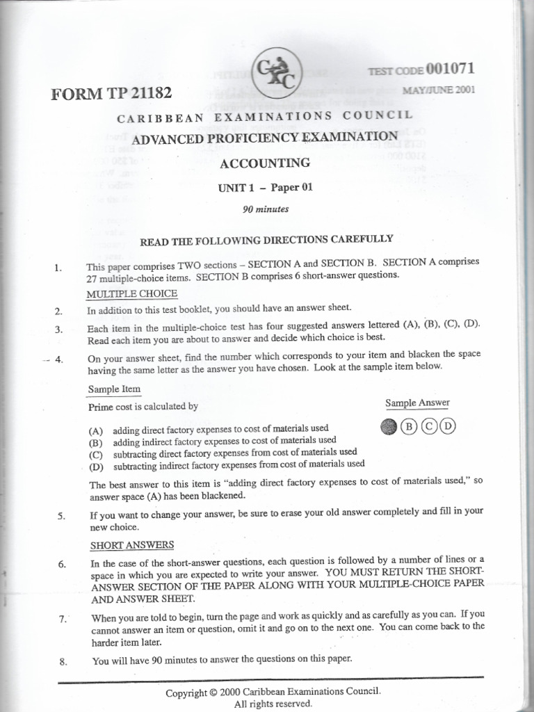 CAPE Accounting U1 P1 2001 | PDF