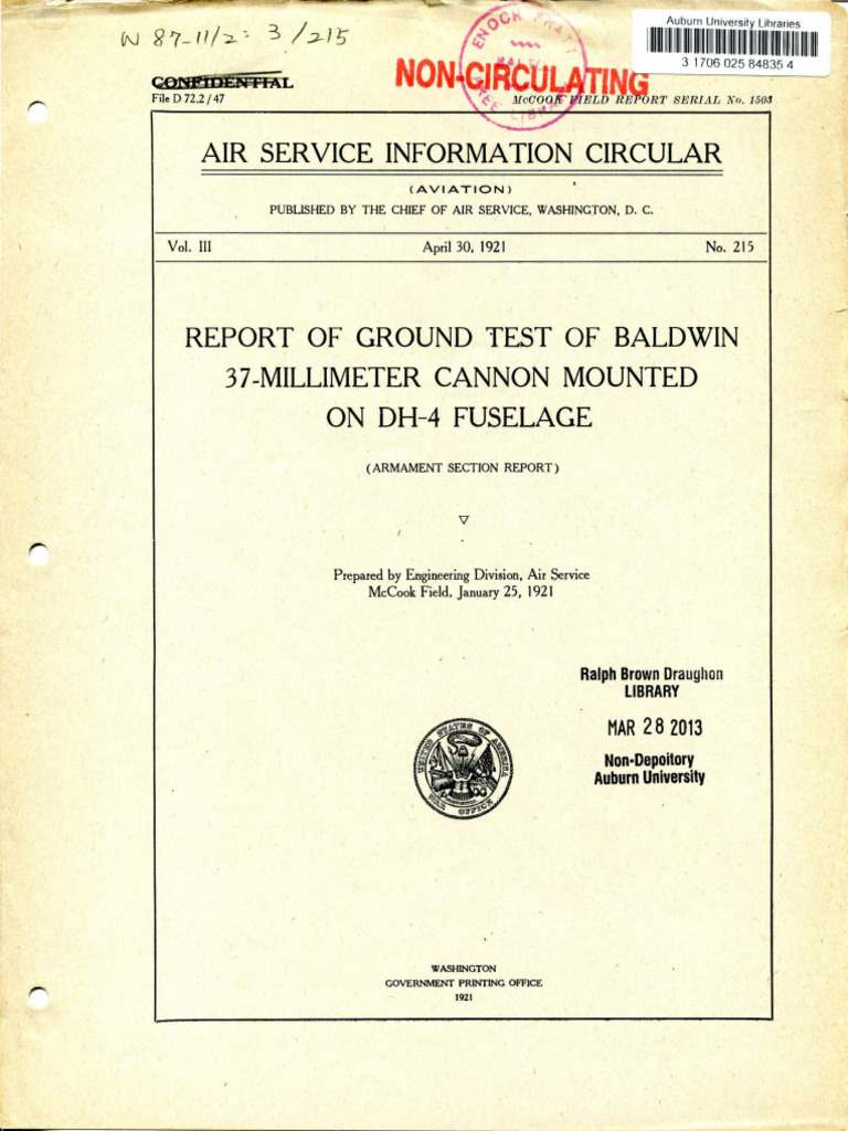 Report of Ground Test of Baldwin 37-Millimeter Cannon Mounted On DH-4 ...