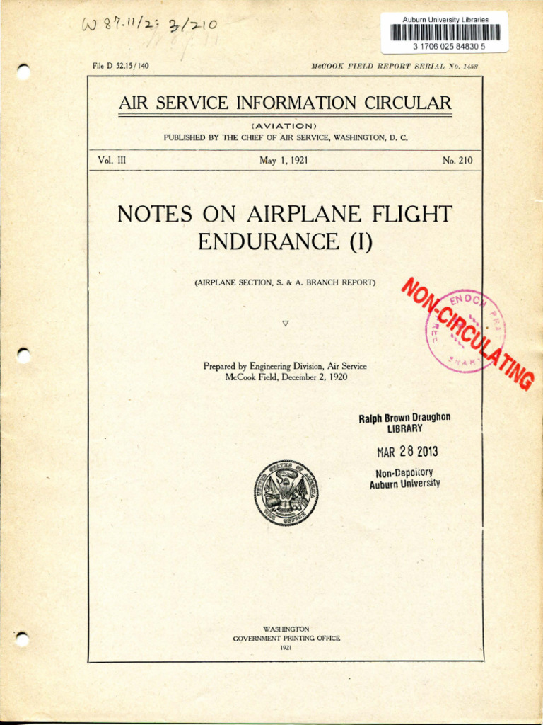 Notes On Airplane Flight Endurance (I) (1 May 1921) | PDF | Aerospace ...