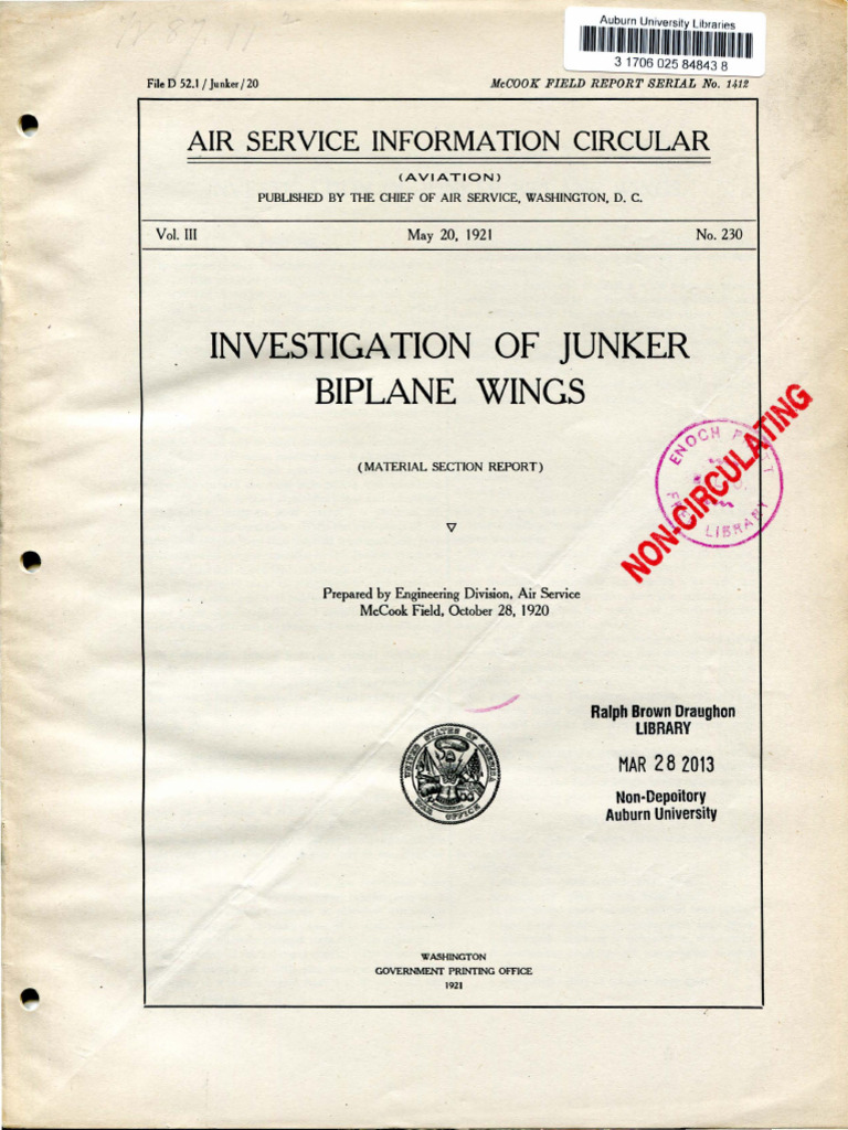 Investigation of Junker Biplane Wings (20 May 1921) | PDF | Spar ...