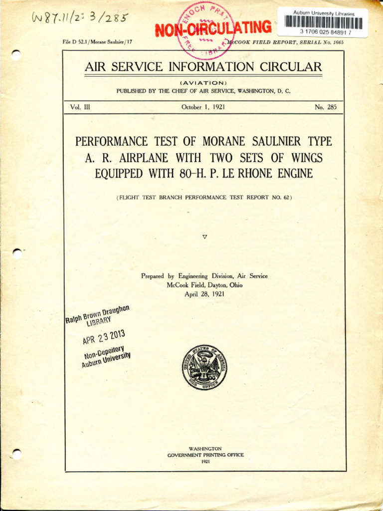 Performance Test of Morane Saulnier Type A.R. Airplane With Two Sets of ...