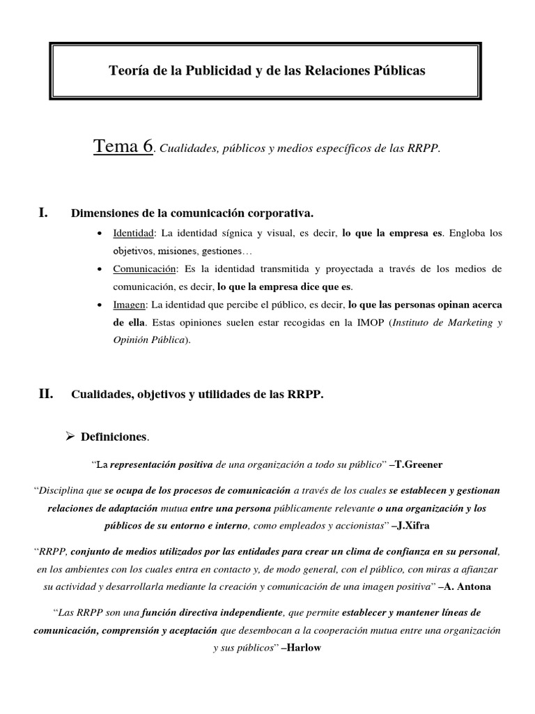 Tema 6. Cualidades, Públicos y Medios Específicos de Las RRPP. | PDF | Comunicación | Business