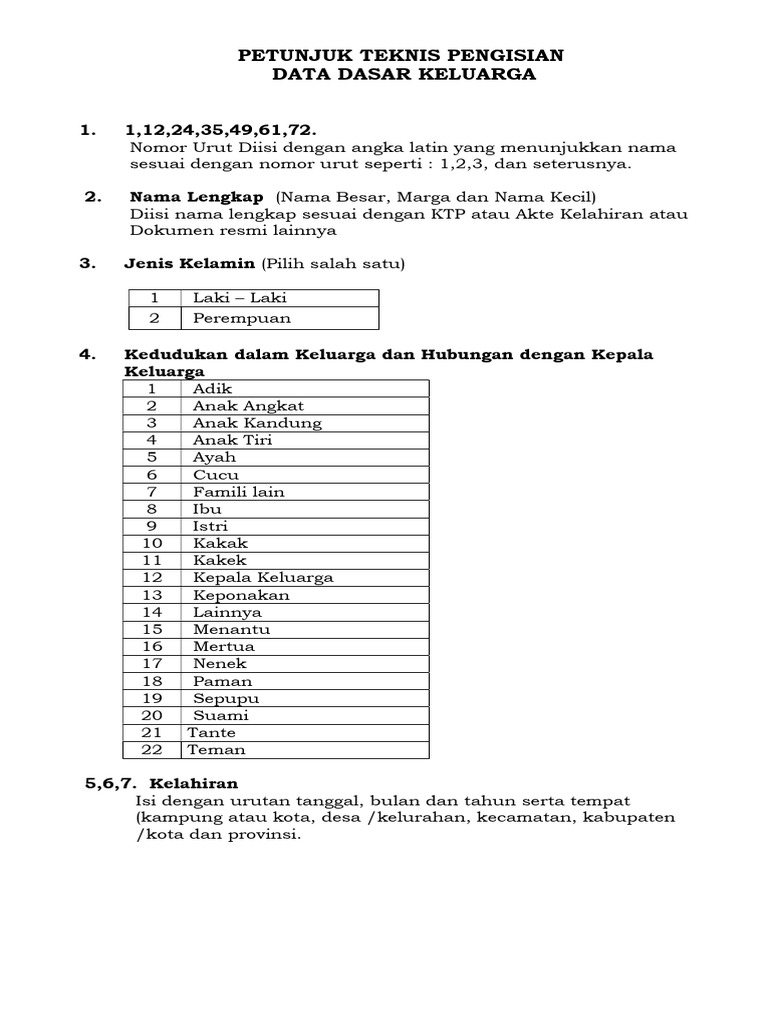 Petunjuk Pengisian Data Dasar Keluarga Pdf
