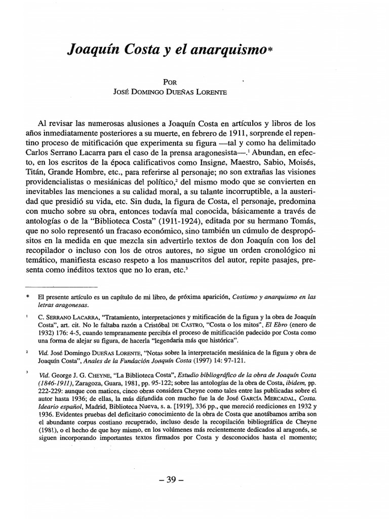 Joaquín Costa y El Anarquismo, de José Domingo Dueñas Llorente | PDF