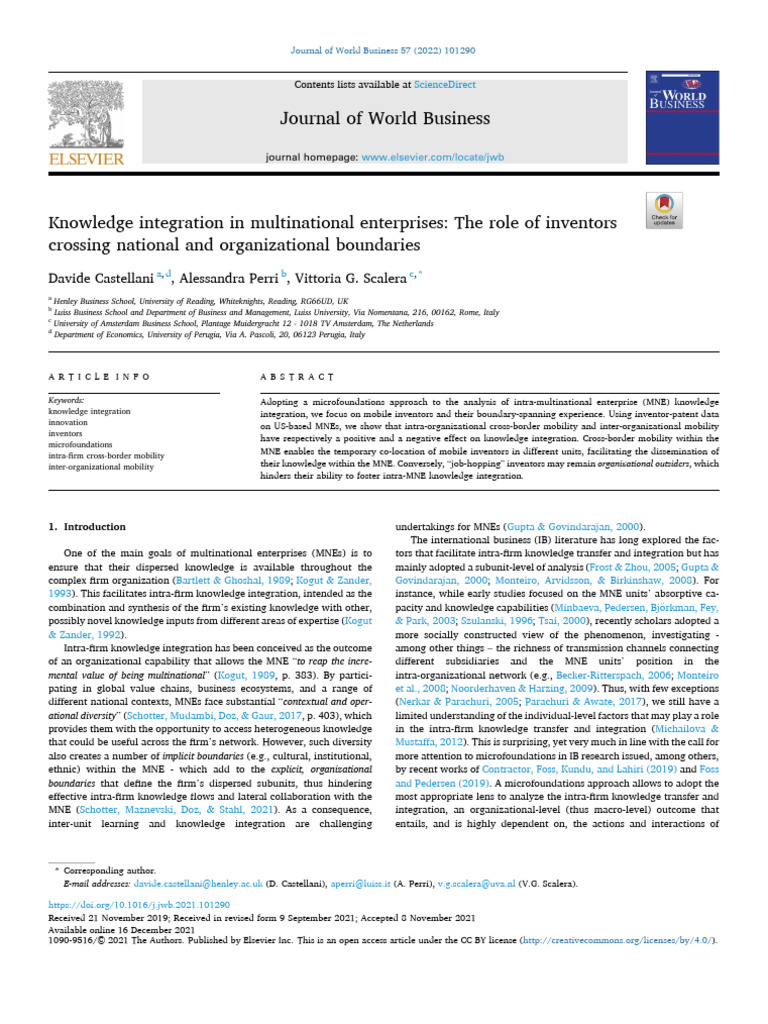 Knowledge integration in multinational enterprises- the role of inventors crossing national and ...