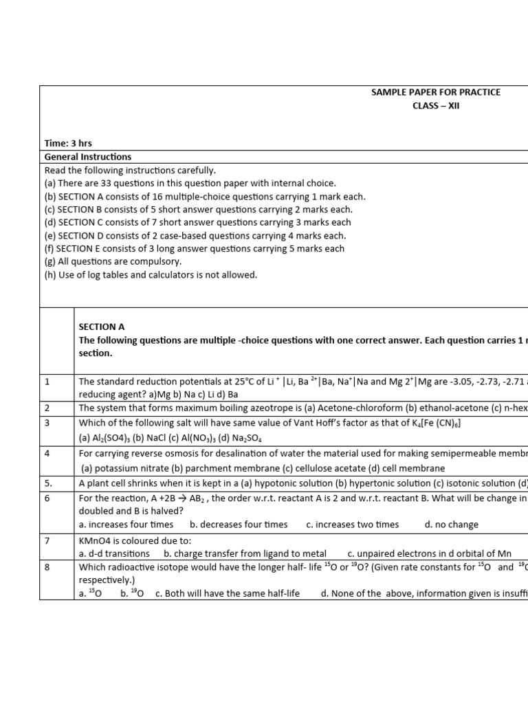 SAMPLE PAPER CLASS XII TERM 1 CHEMISTRY (2023-2024) - Copy | PDF ...