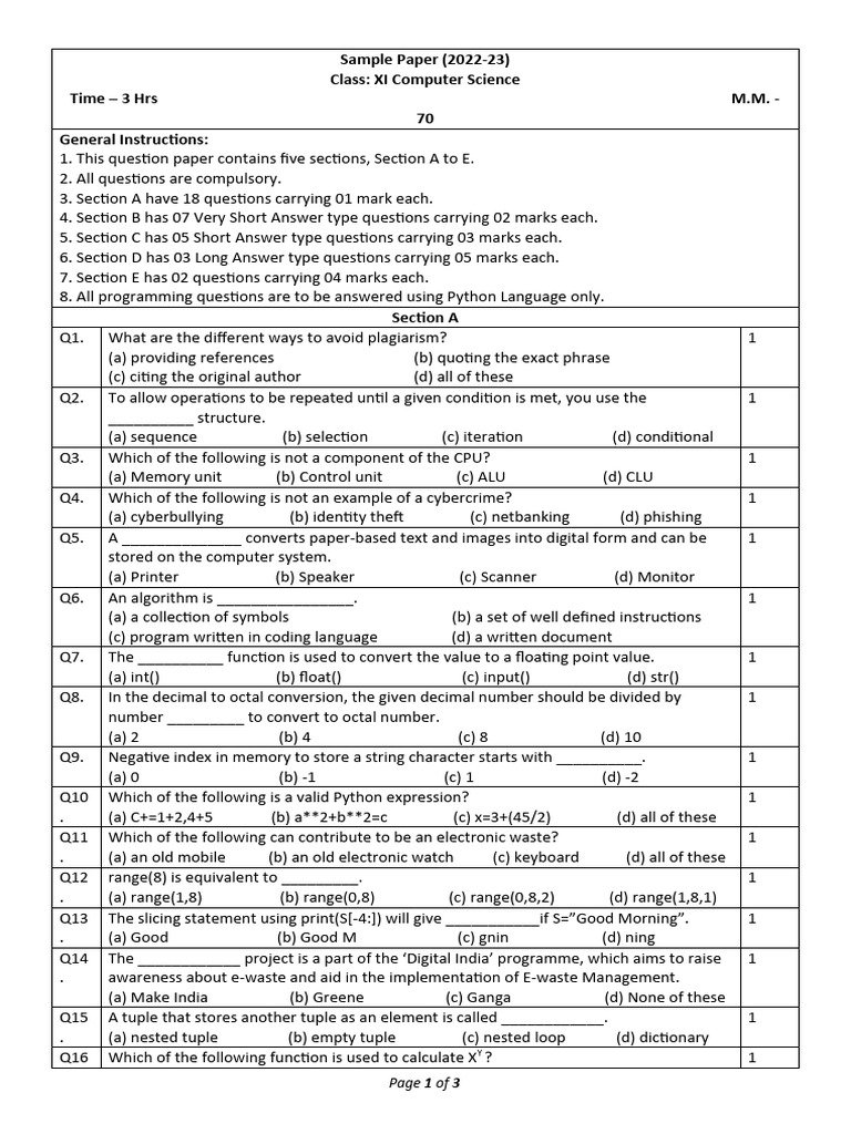 XI - Sample Paper - CompSc - 2022-23 | PDF | String (Computer Science) | Python (Programming ...