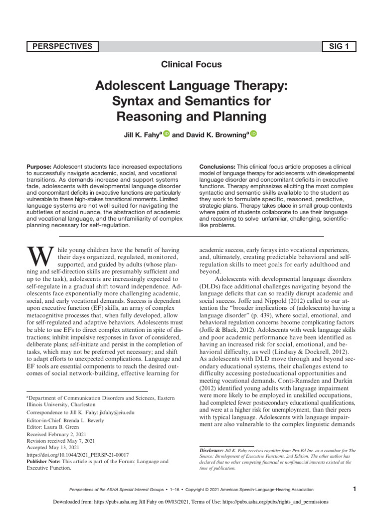 Adolescent Language Therapy Syntax and S | PDF | Adolescence | Reason