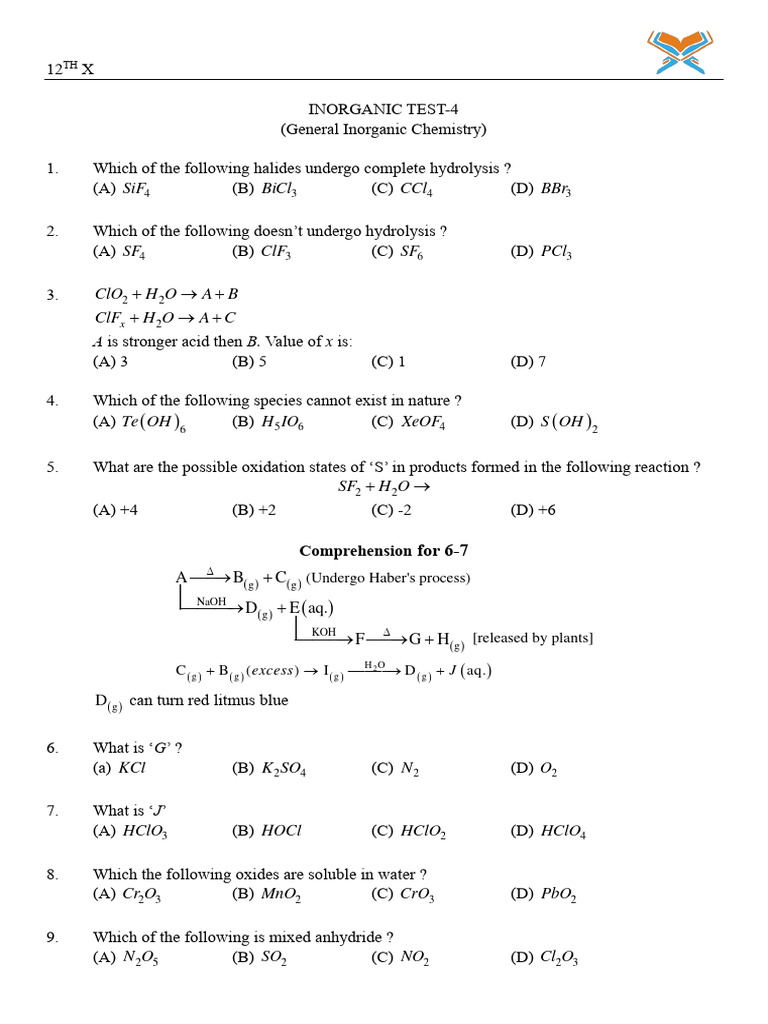 (General Inorganic Chemistry) Test-4 | PDF | Materials | Chemical Elements