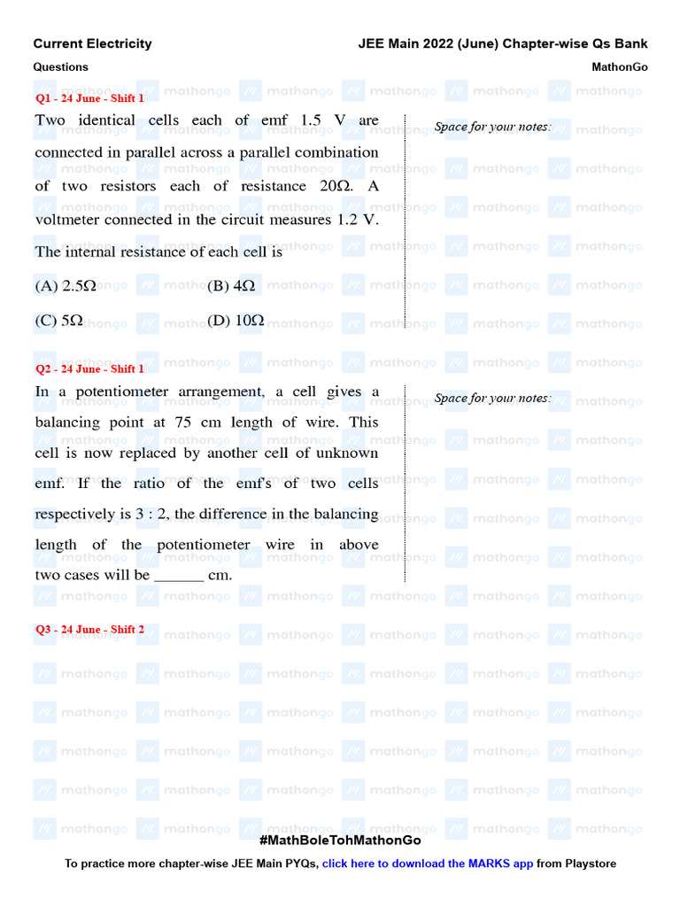 Current Electricity - JEE Main 2022 June-Pages-1 | PDF | Business | Computers