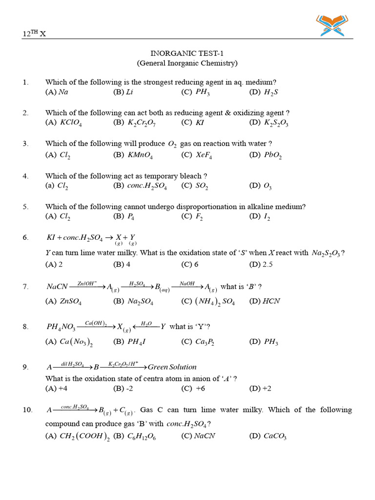(General Inorganic Chemistry) Test-1 | PDF | Redox | Inorganic Chemistry