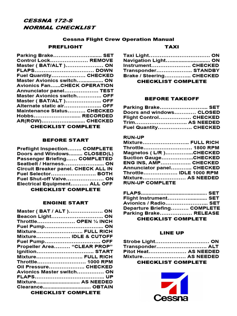 Cessna Checklist | PDF | Throttle | Aviation