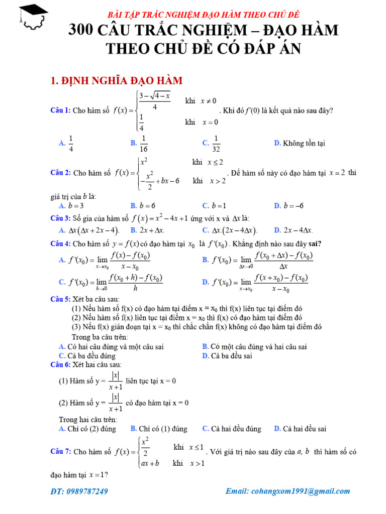 300 Cau Trac Nghiem Dao Ham Theo Chu de | PDF