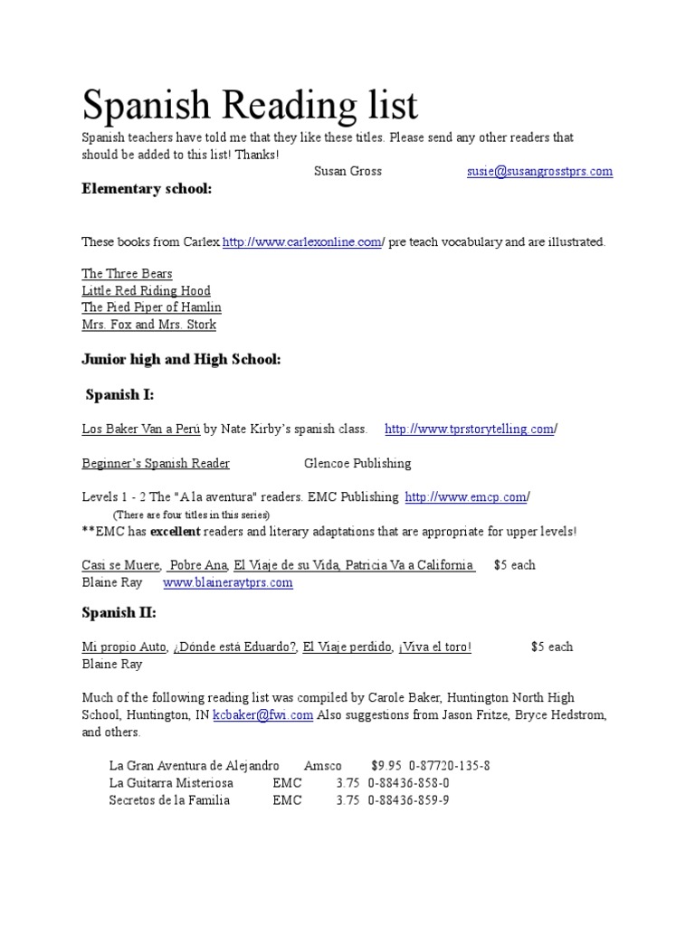 TPRS Spanishreadinglist | PDF | Writing | Books