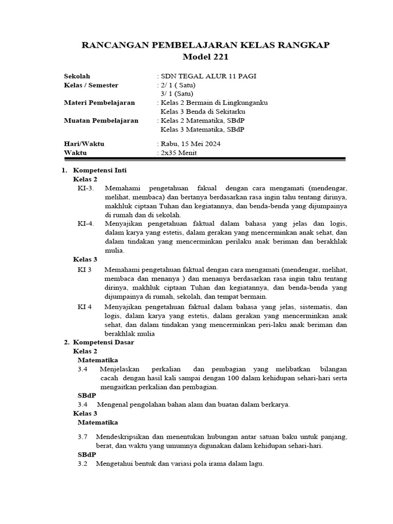 RPP Kelas Rangkap Model 221 | PDF