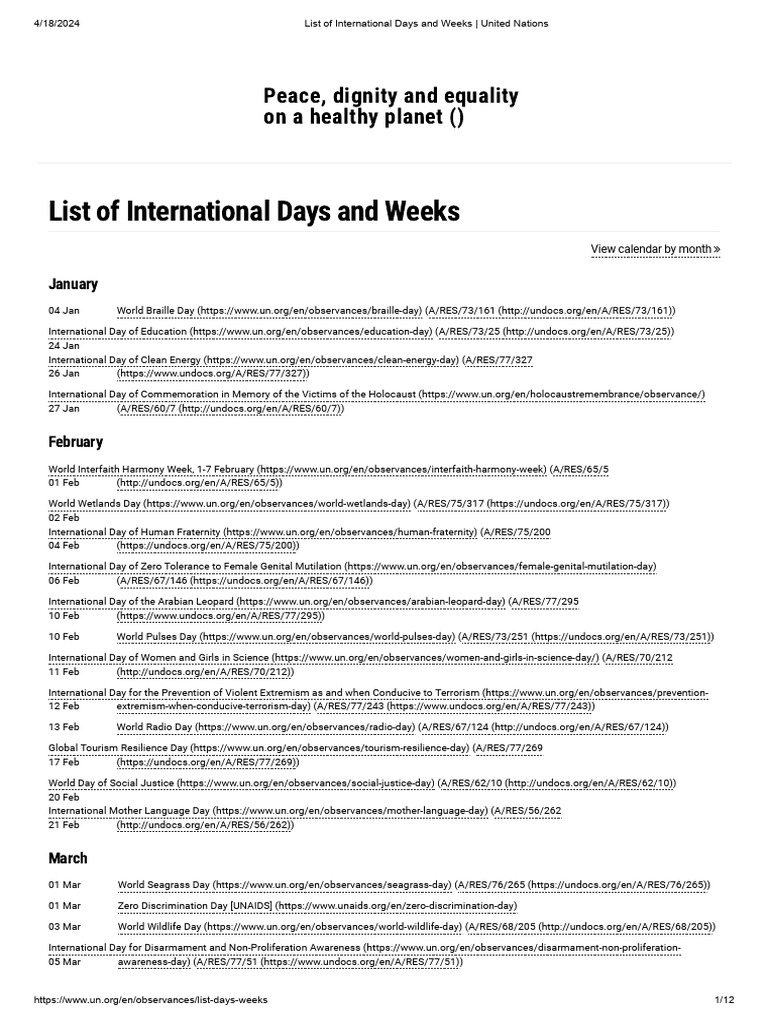 List of International Days and Weeks - United Nations | PDF | United ...